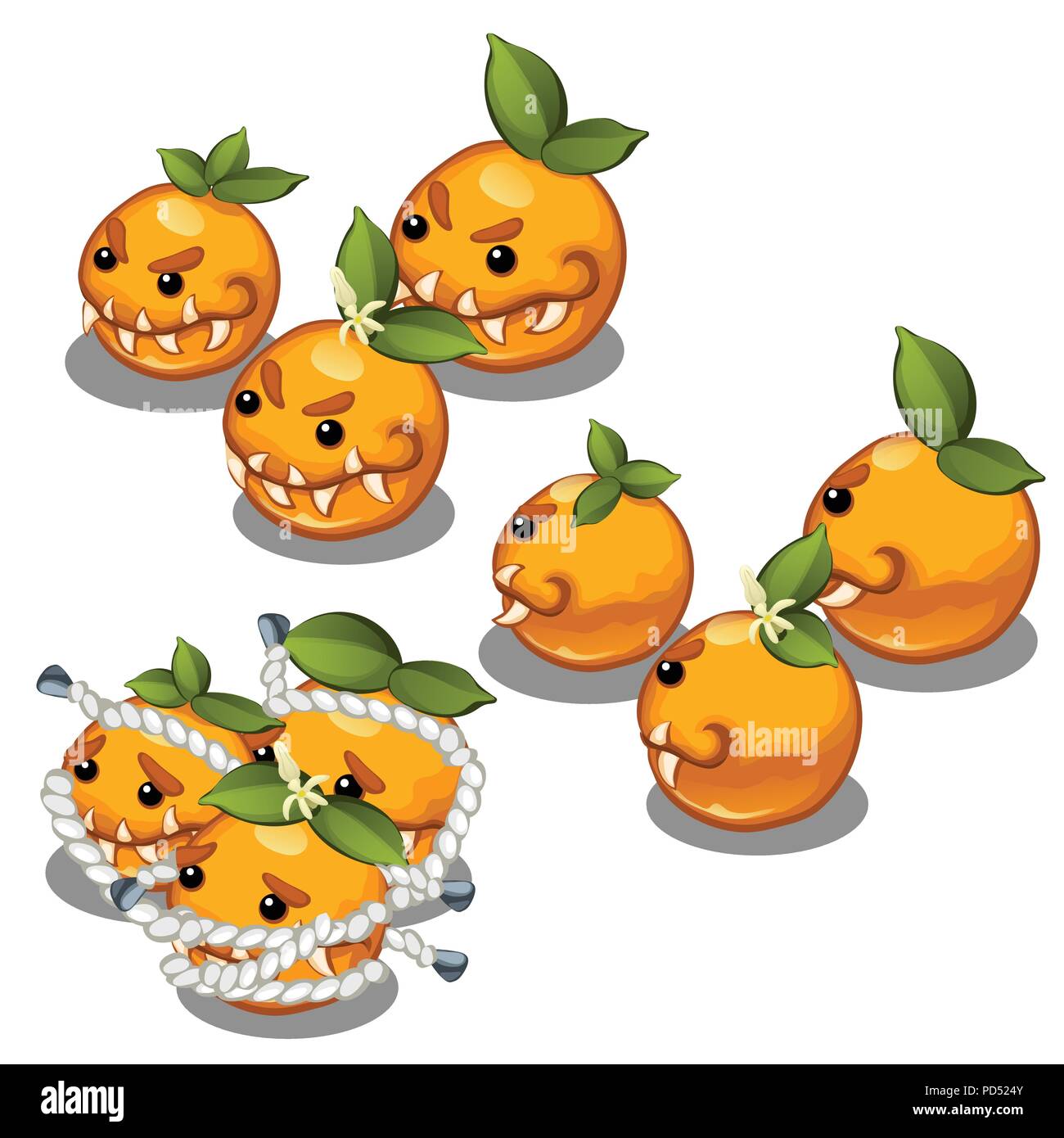 Trapped fancy monsters in the form of a scary toothy oranges isolated ...