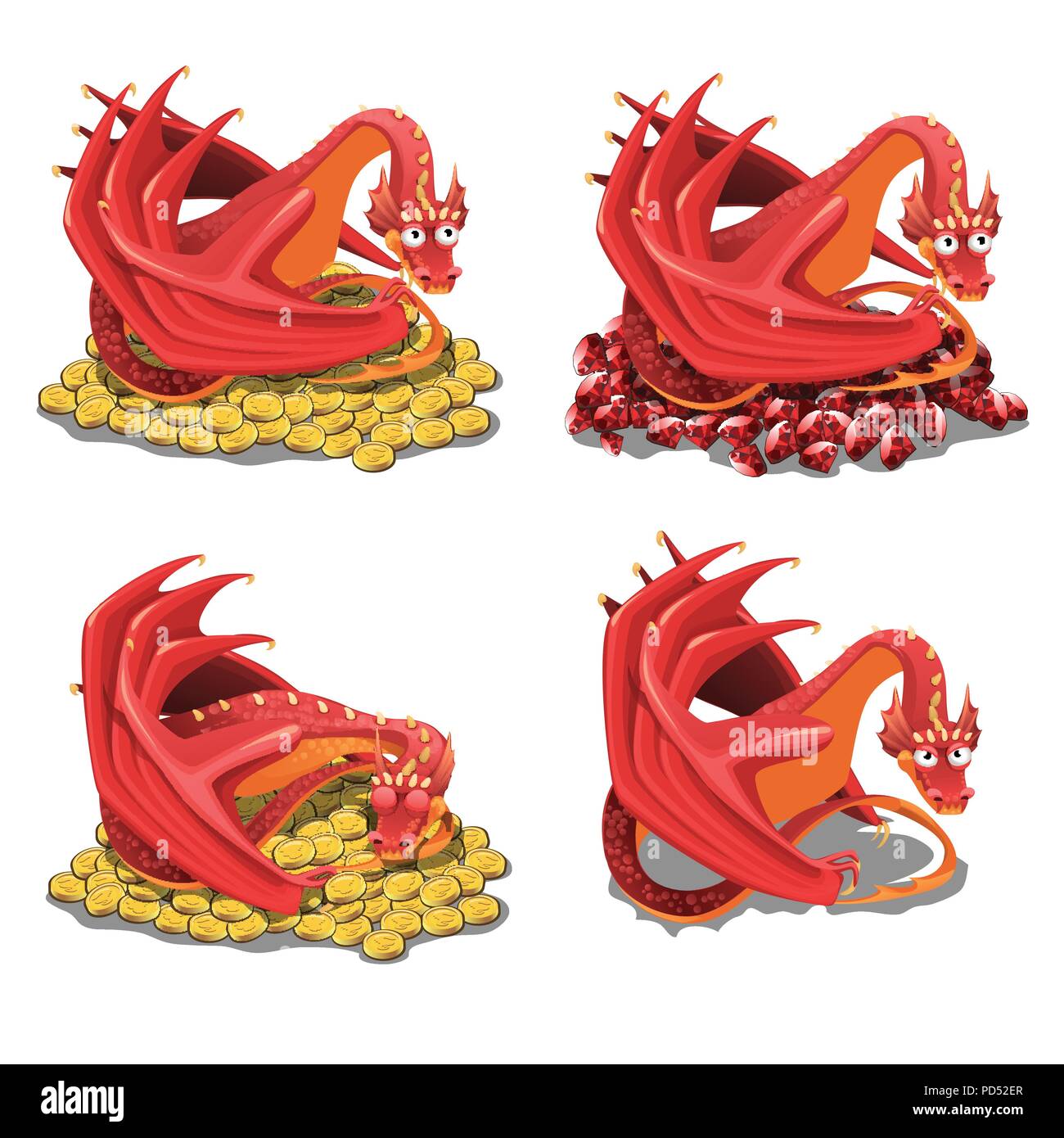 Set of red dragon guarding his treasures and golden coins isolated on a ...