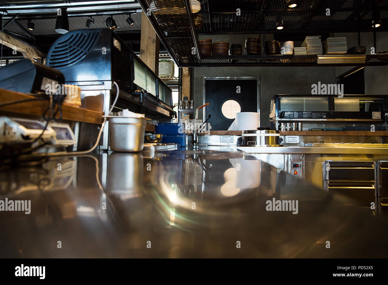 Professional kitchen, view counter in stainless steel Stock Photo - Alamy