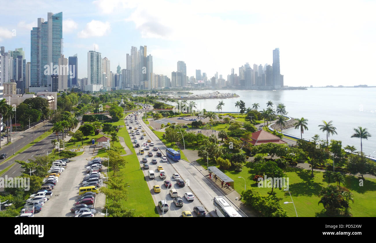 Aerial view of Panama City, Panama showing Balboa Avenue and the Cinta ...