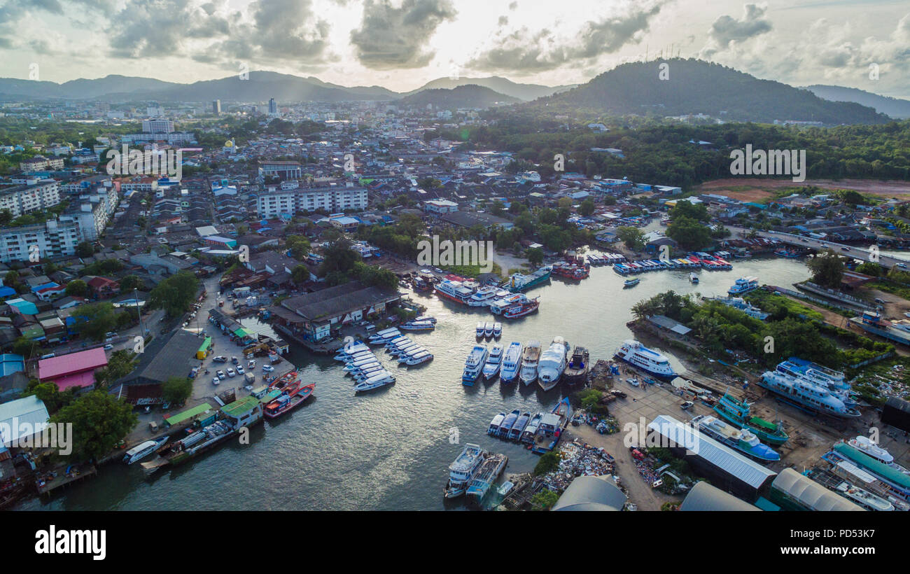 aerial view the canal split at Phuket Fishing Port and and Phuket ...