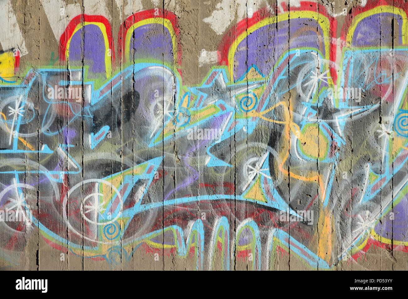 Close-up fragment of a graffiti drawing applied to the wall by aerosol ...