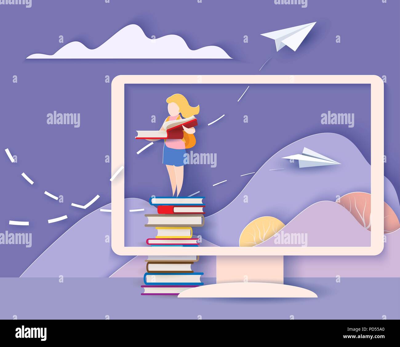 Back to school 1 september card. Monitor screen with mountains, books ...