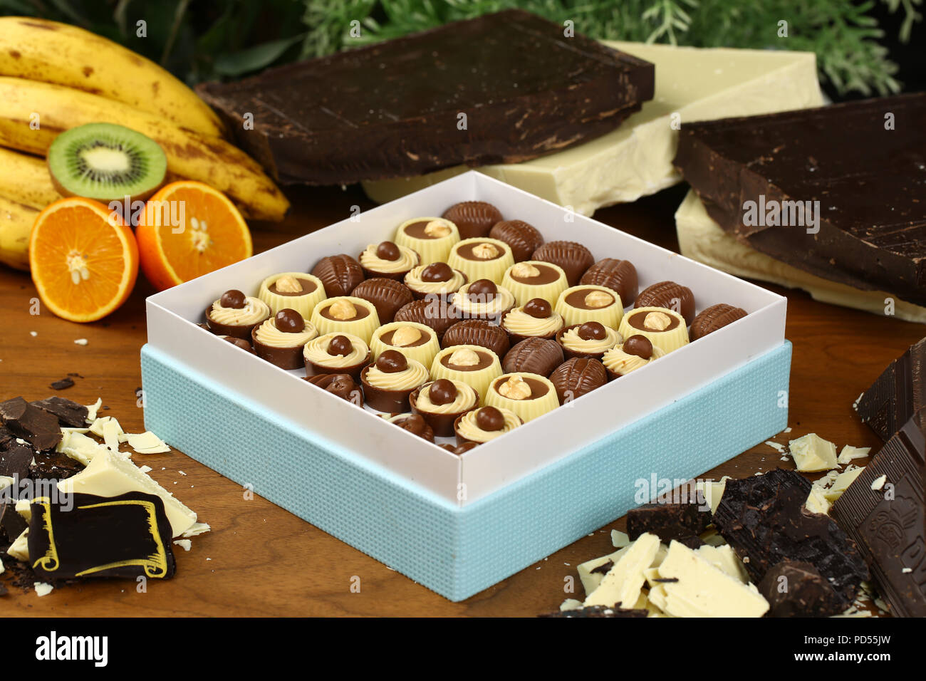 Light Blue Box of assorted luxury chocolate with truffles and pralines ...