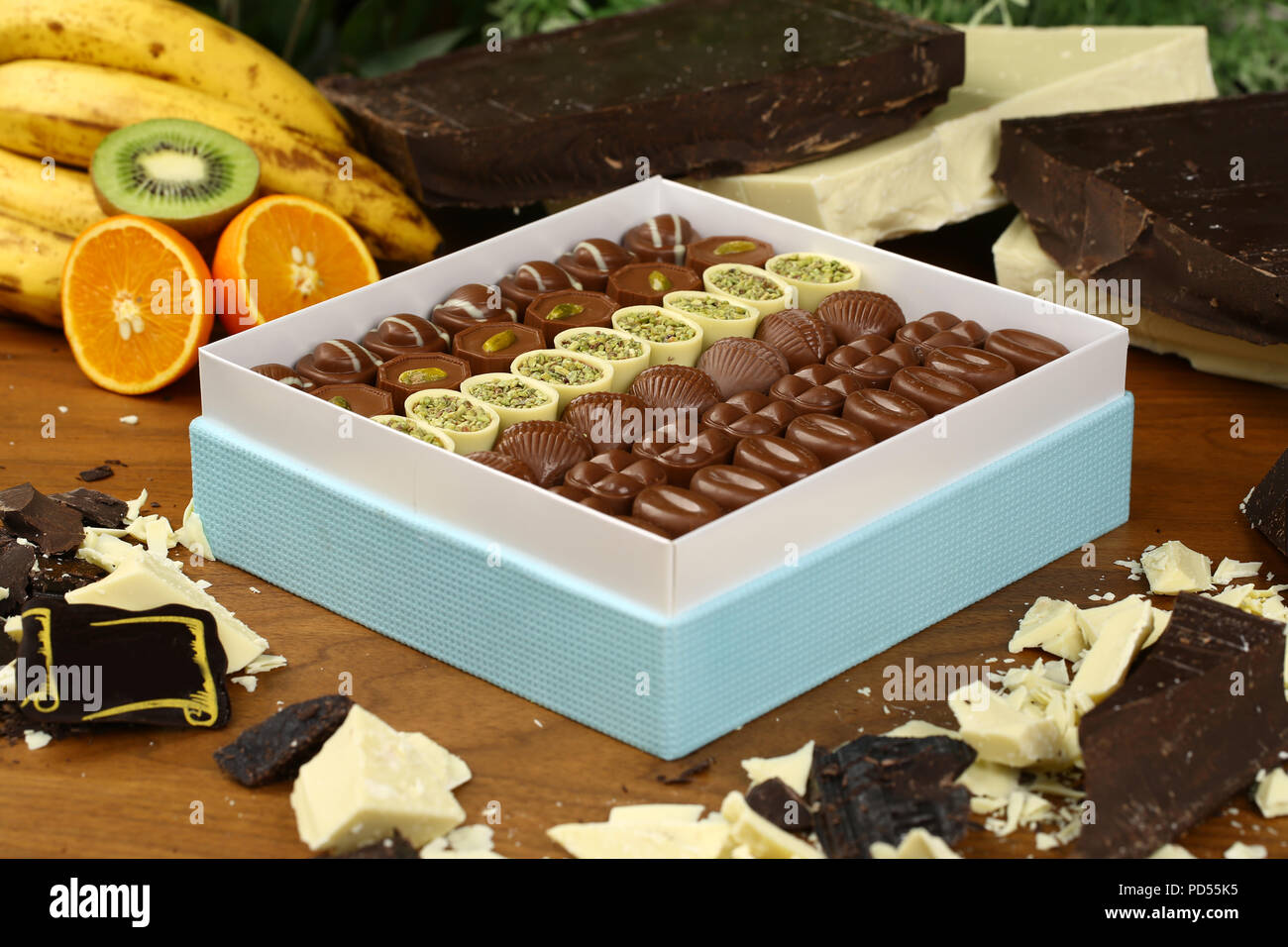 Light Blue Box of assorted luxury chocolate with truffles and pralines ...