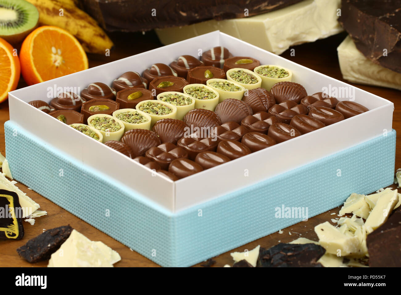 Light Blue Box of assorted luxury chocolate with truffles and pralines ...