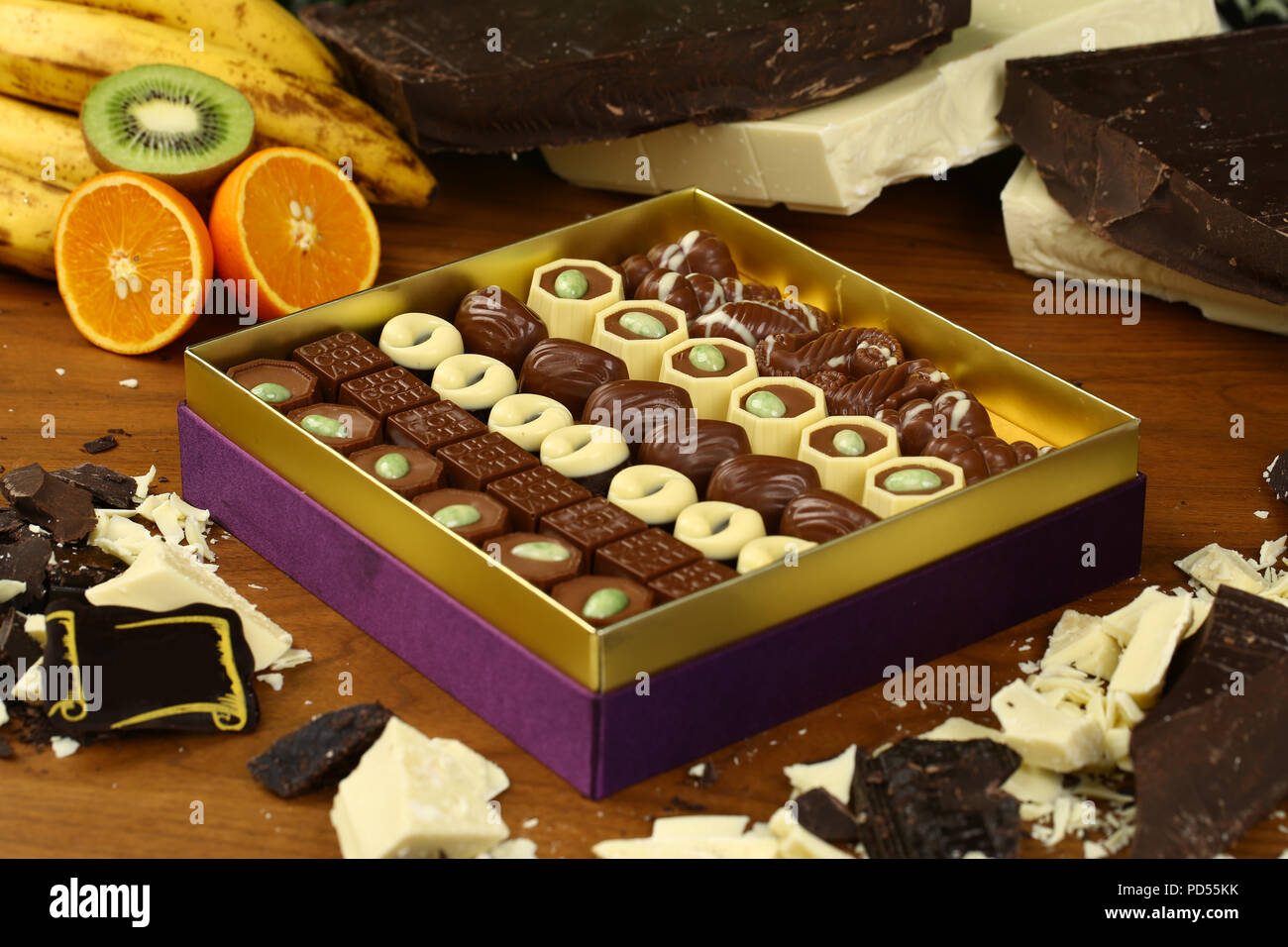 Purple Box of assorted luxury chocolate with truffles and pralines ...