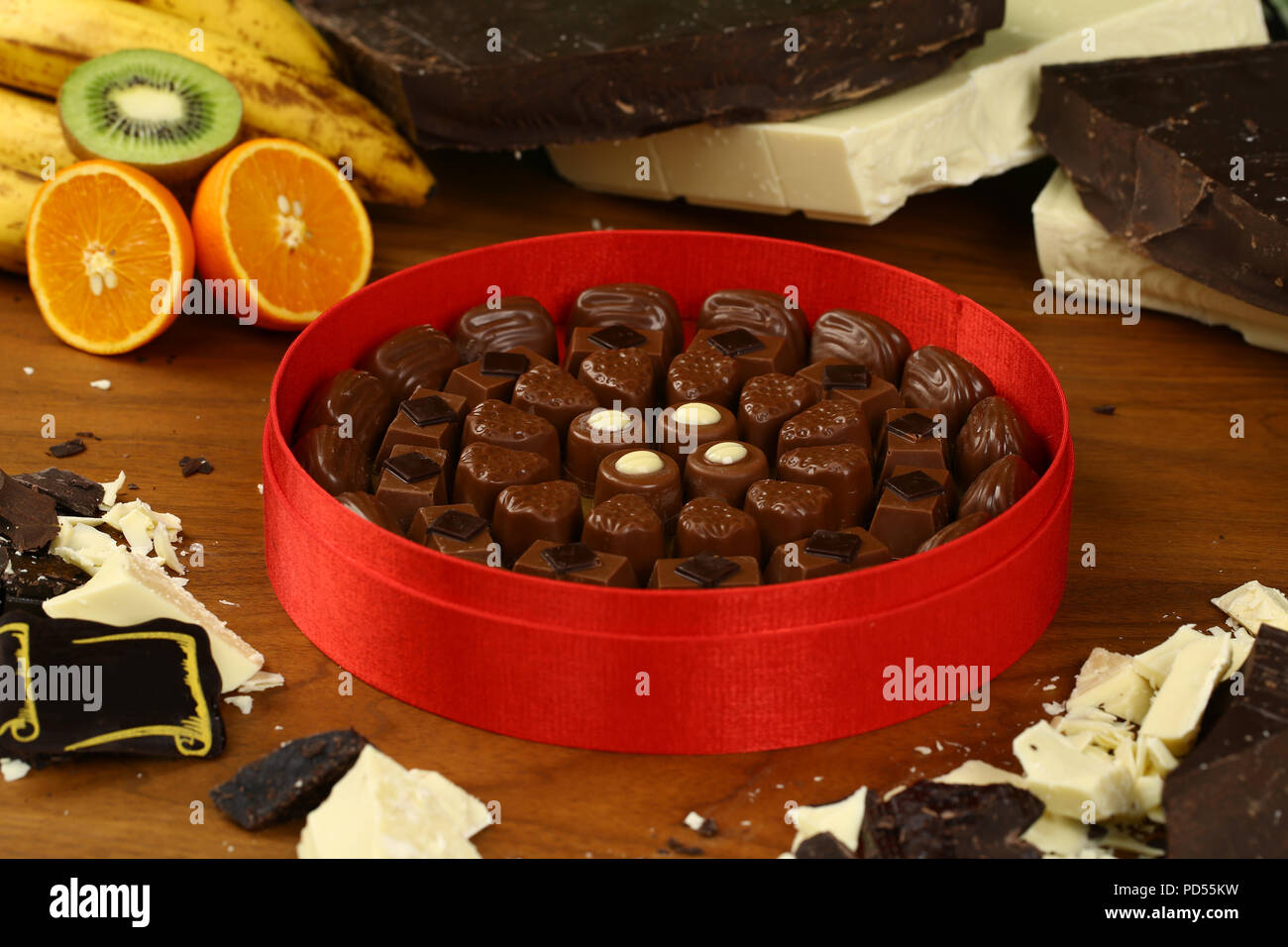 Red Box of assorted luxury chocolate with truffles and pralines Stock ...