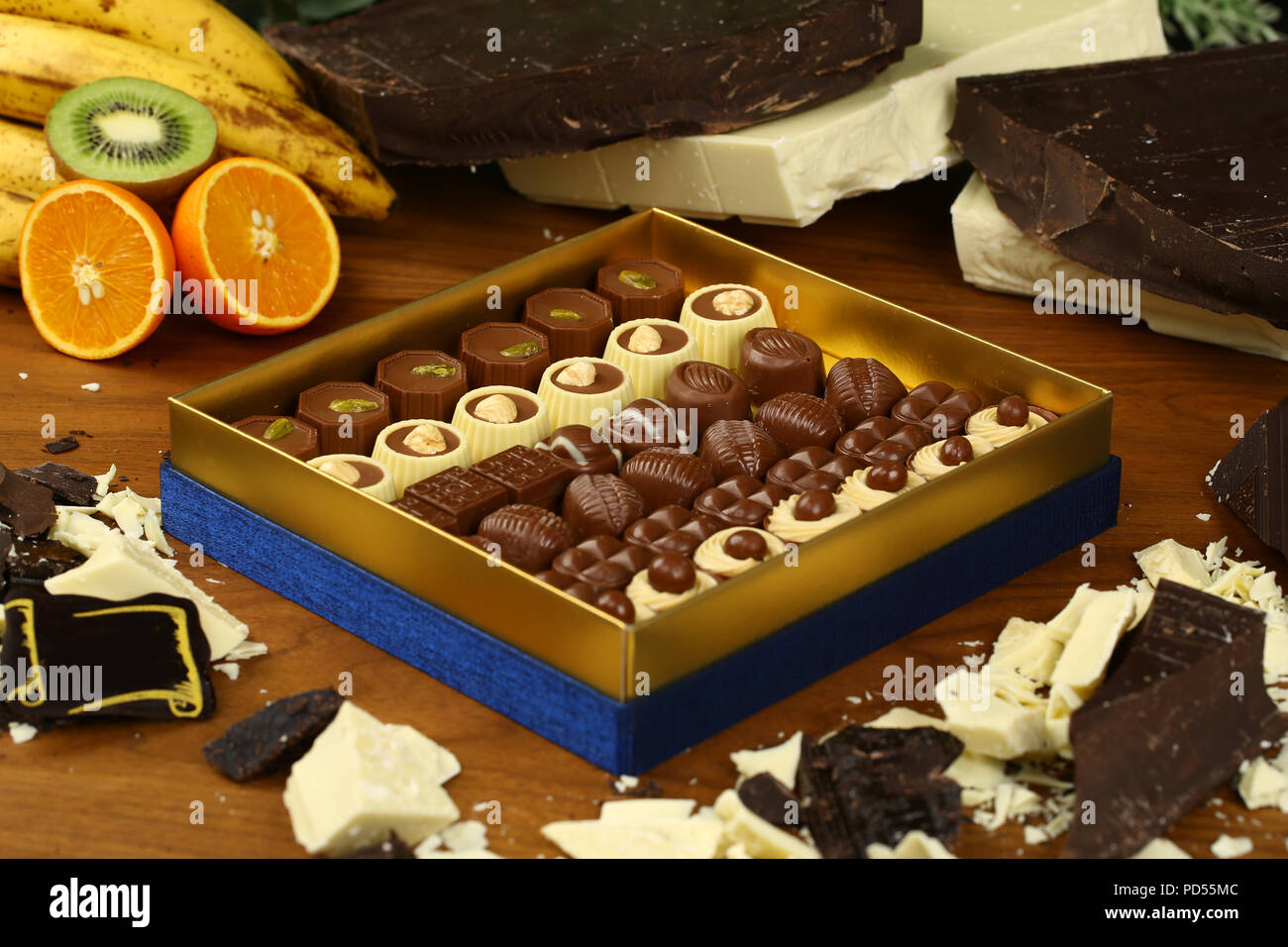 Blue Box of assorted luxury chocolate with truffles and pralines Stock ...