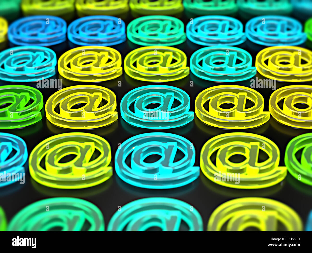 Rows of glassy e-mail symbols, green, yellow and blue neon light Stock ...