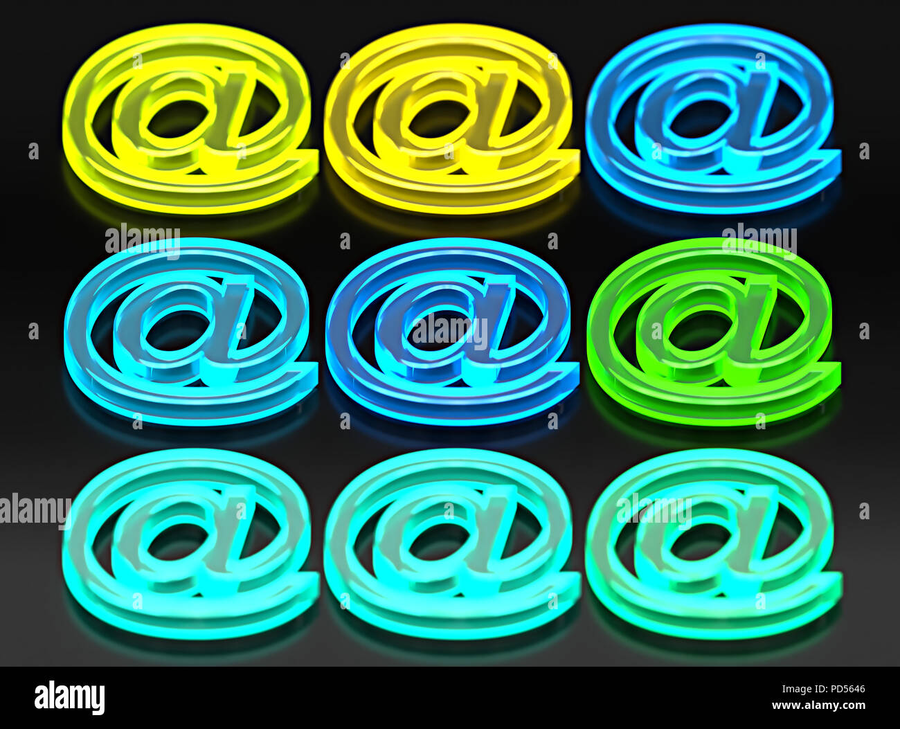 9 glassy e-mail symbols, green, yellow and blue neon light Stock Photo ...