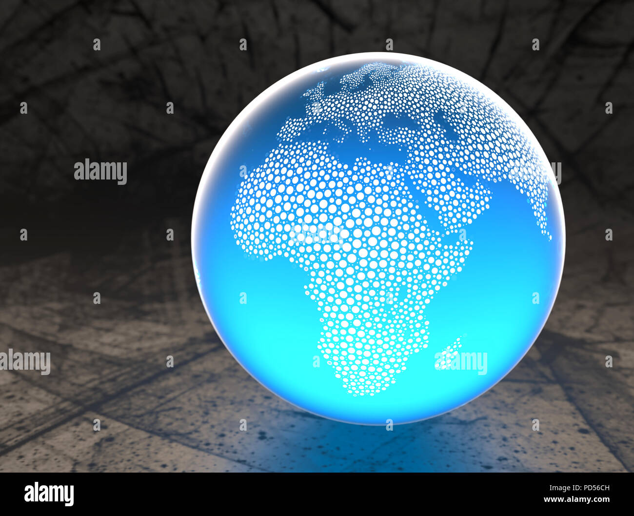 Glowing glass sphere of the earth, continents in white dots, concrete ...
