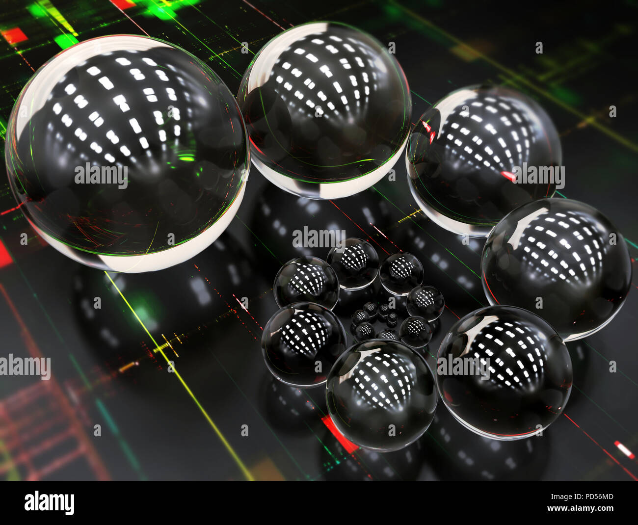 Spiral of glass spheres, with electronic circuit background Stock Photo ...
