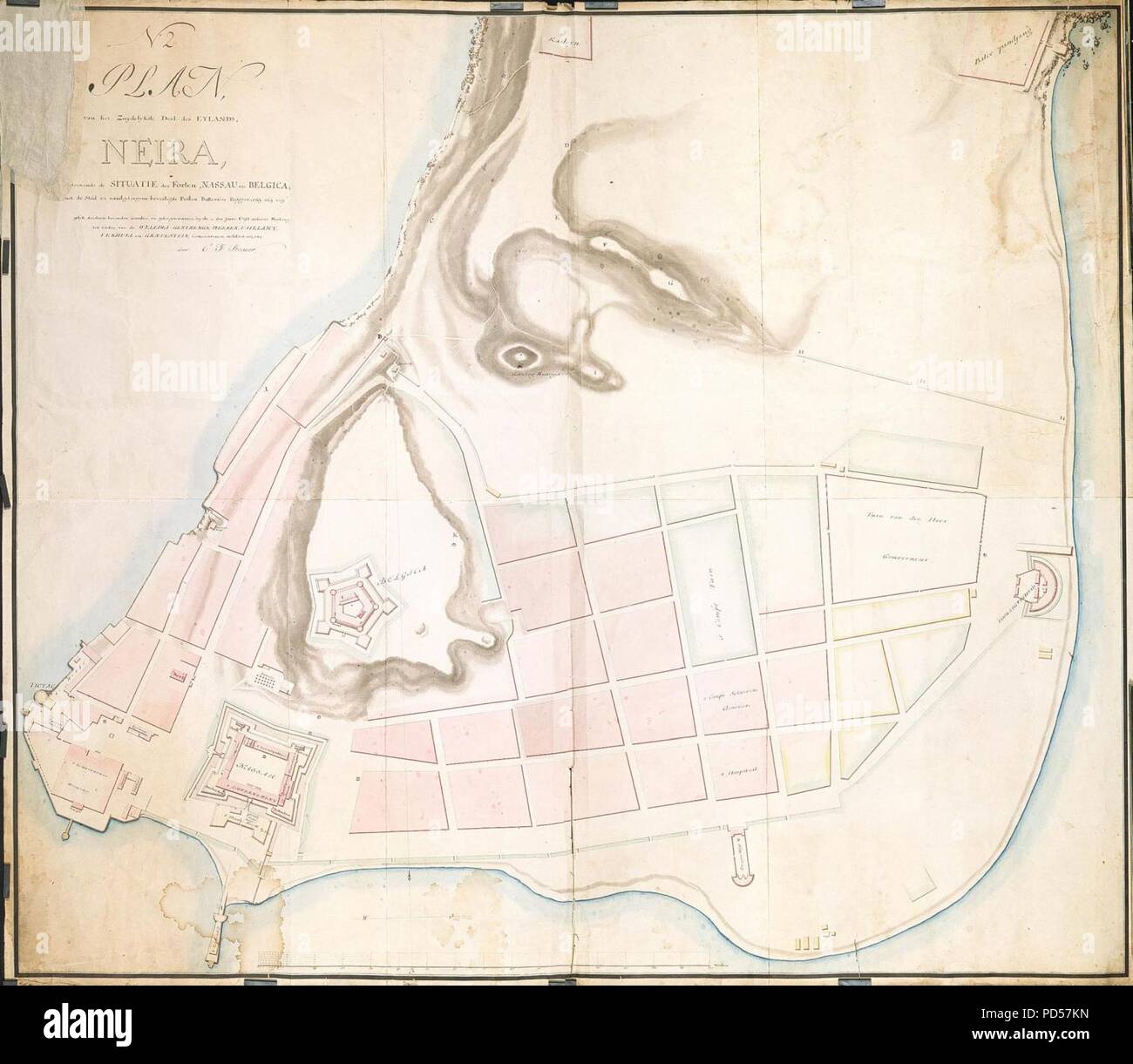 Map of the island of Neira showing the Nassouw and Belgica forts Stock ...