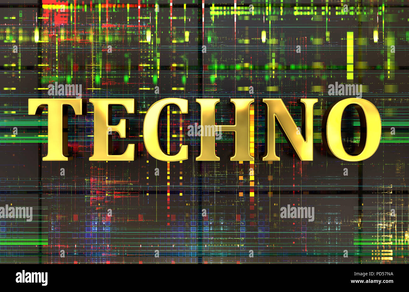 Techno word in gold with electronic background Stock Photo - Alamy