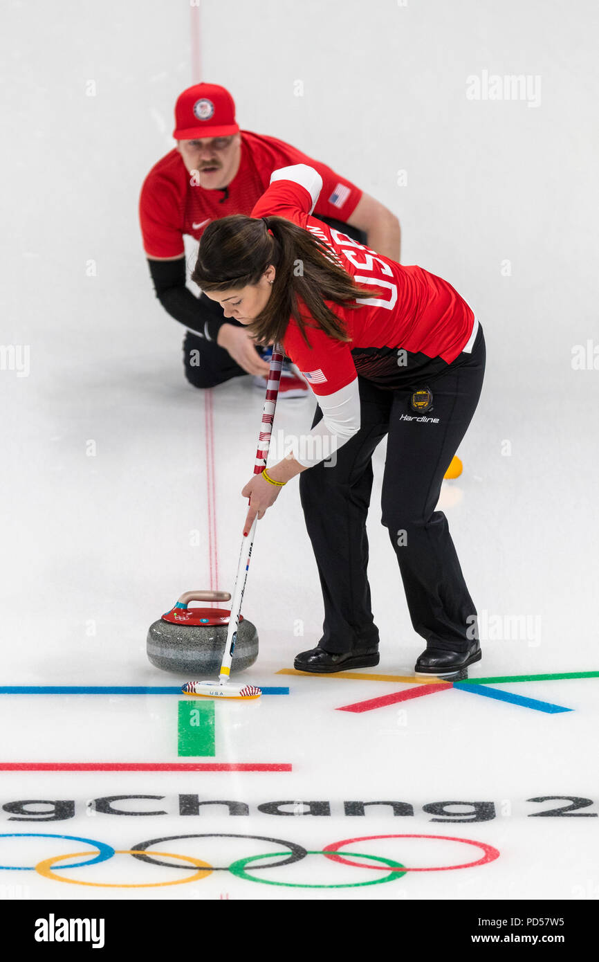Rebecca and Matt Hamilton (USA) competing in the Mixed Doubles Curling ...