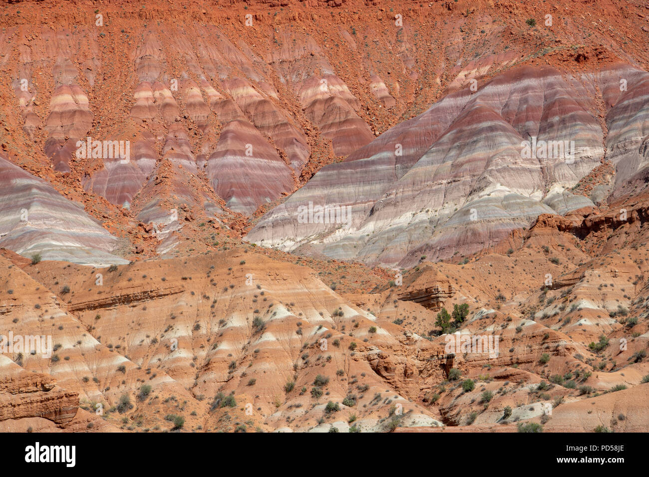 Colorful strata of red, purple, gray, green, and blue in the cliffs of ...