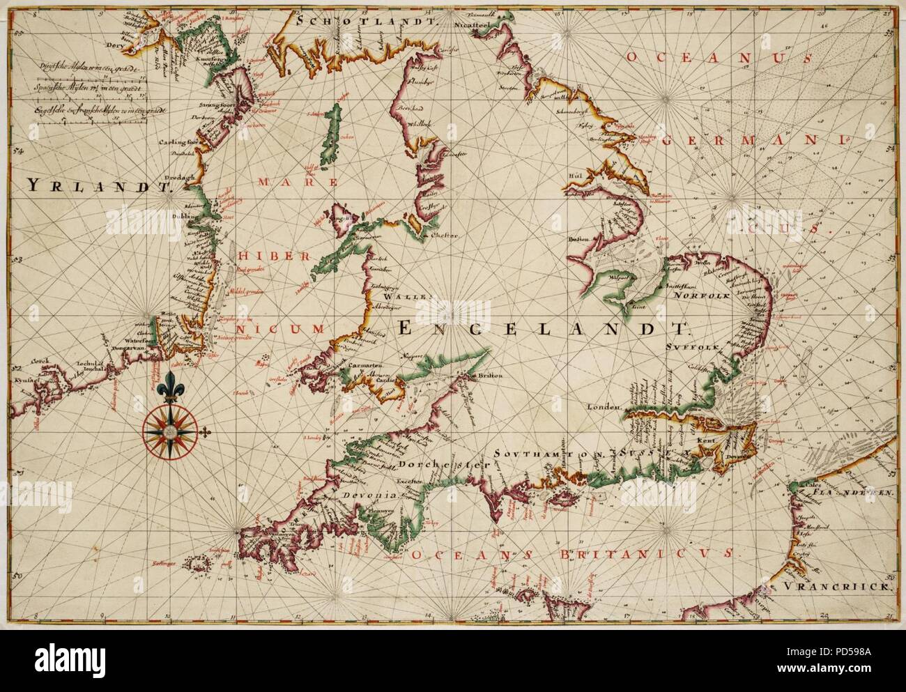 Map of England, the south of Ireland and part of the French coast Stock ...