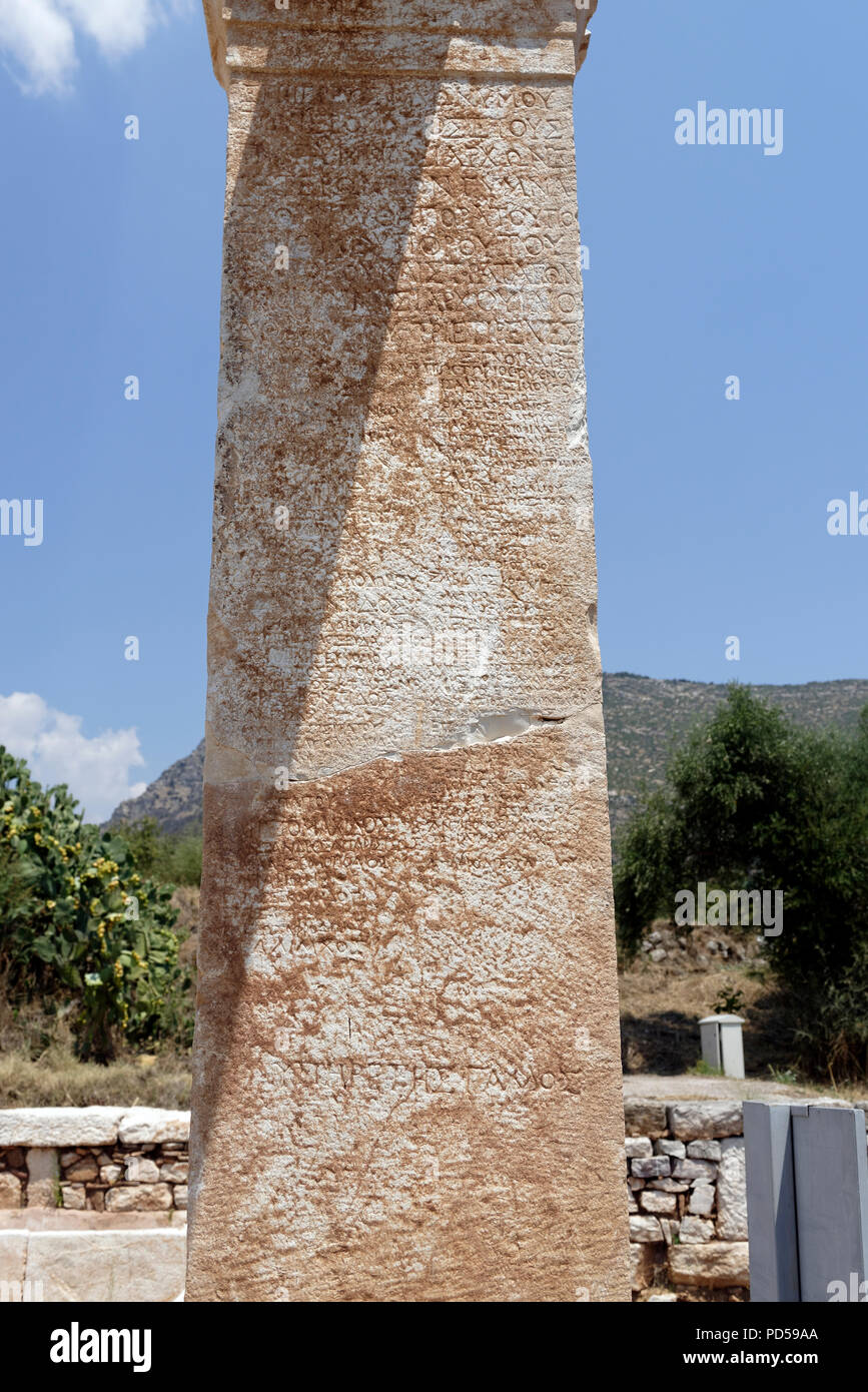Ancient Greek inscriptions on a North Stoa column of the Palaestra ...