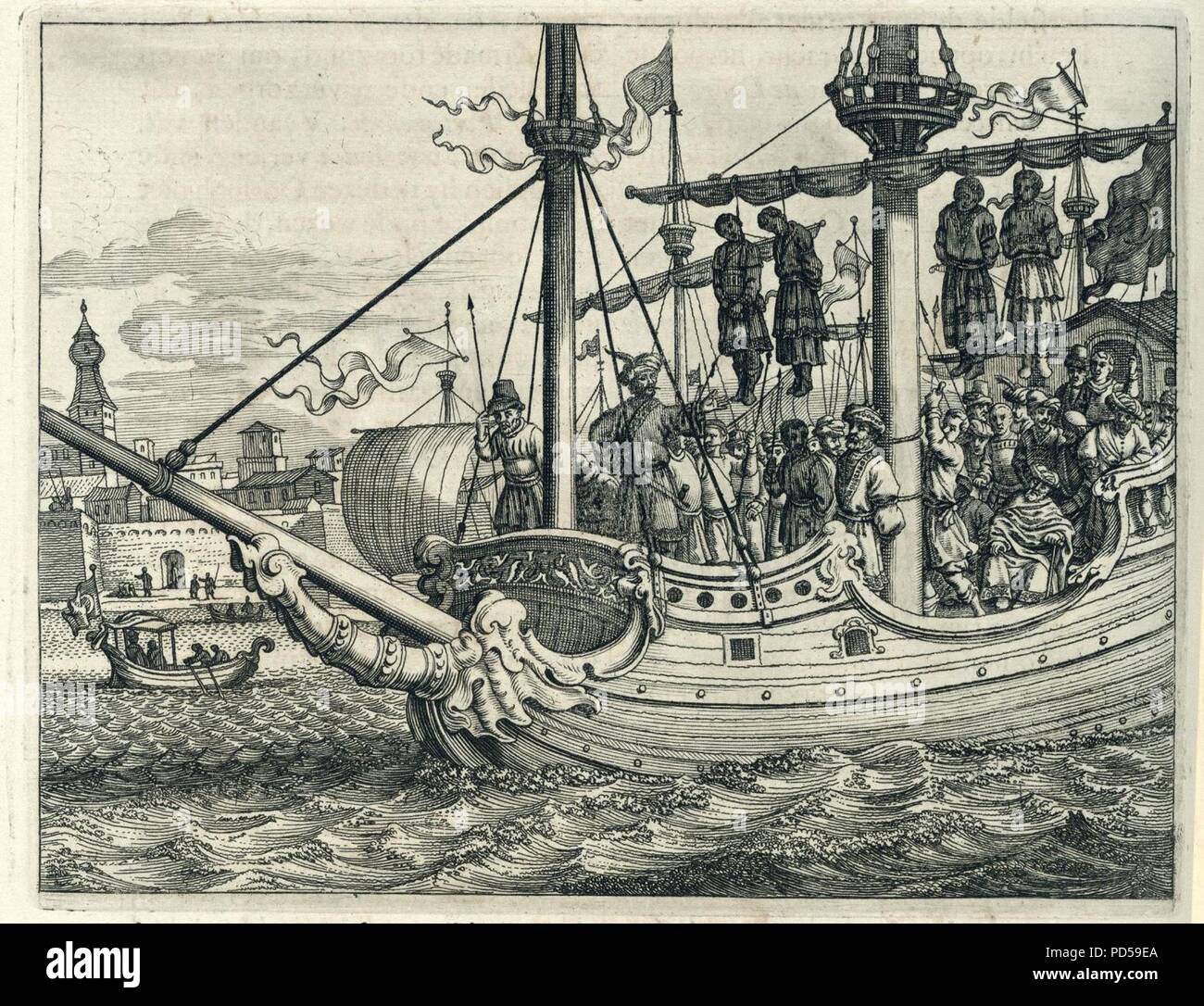 The king of Aden hung from the mast of Soliman Bassus' galleon Stock ...