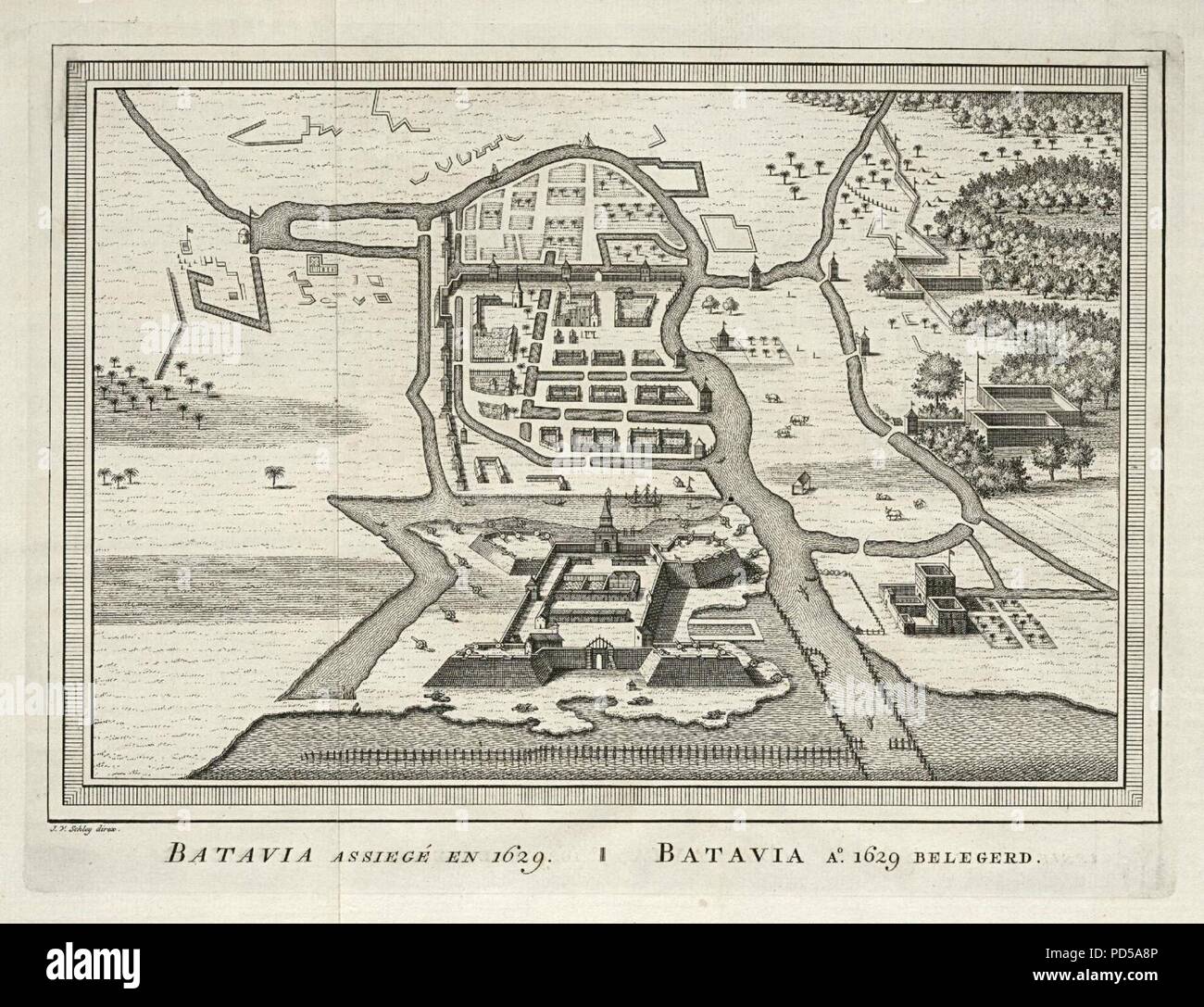 Bird's eye view map of the siege of Batavia in 1629 Stock Photo - Alamy