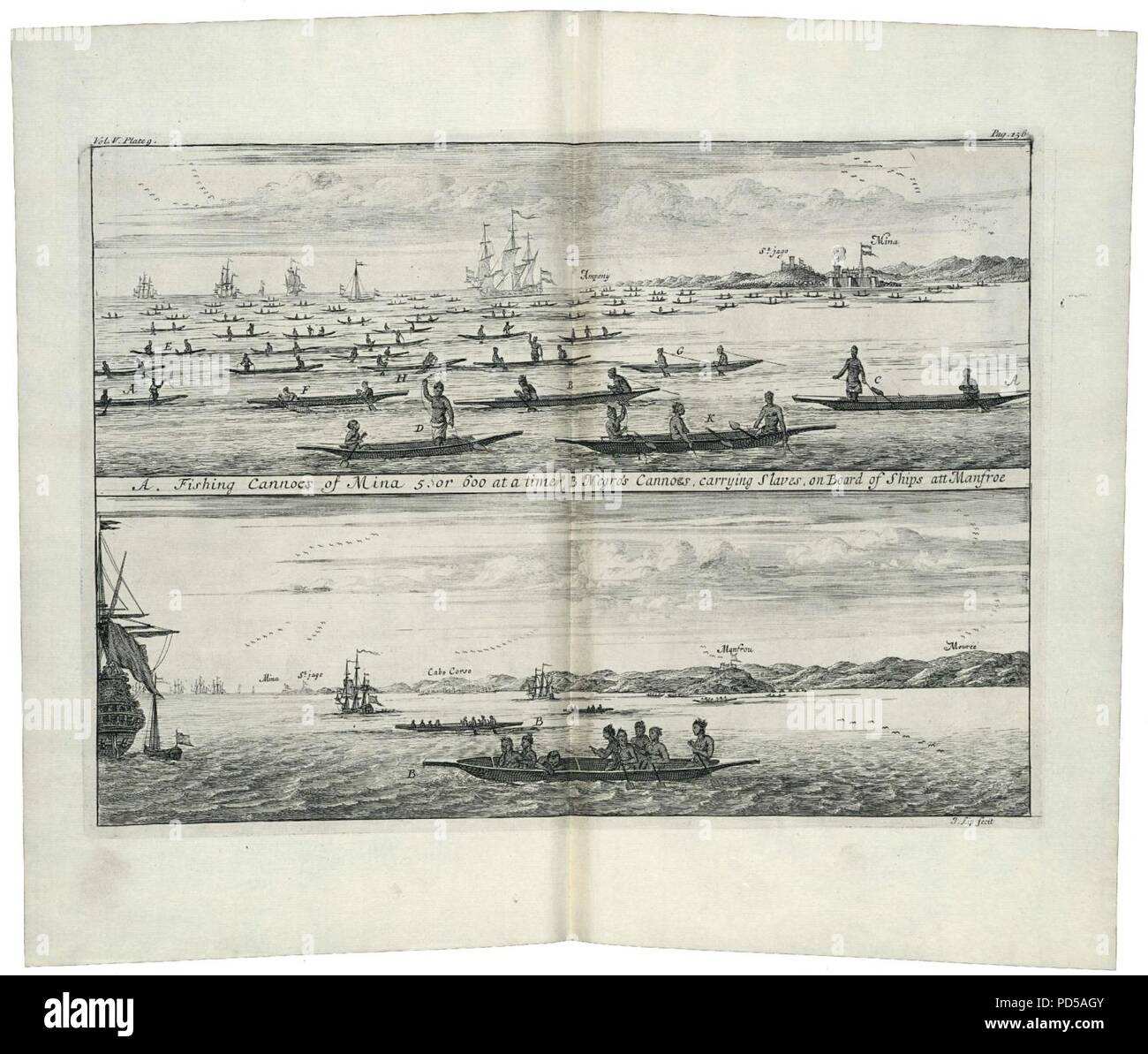 Fishing canoes at Elmina and slaves going on board ship at Manfroe ...