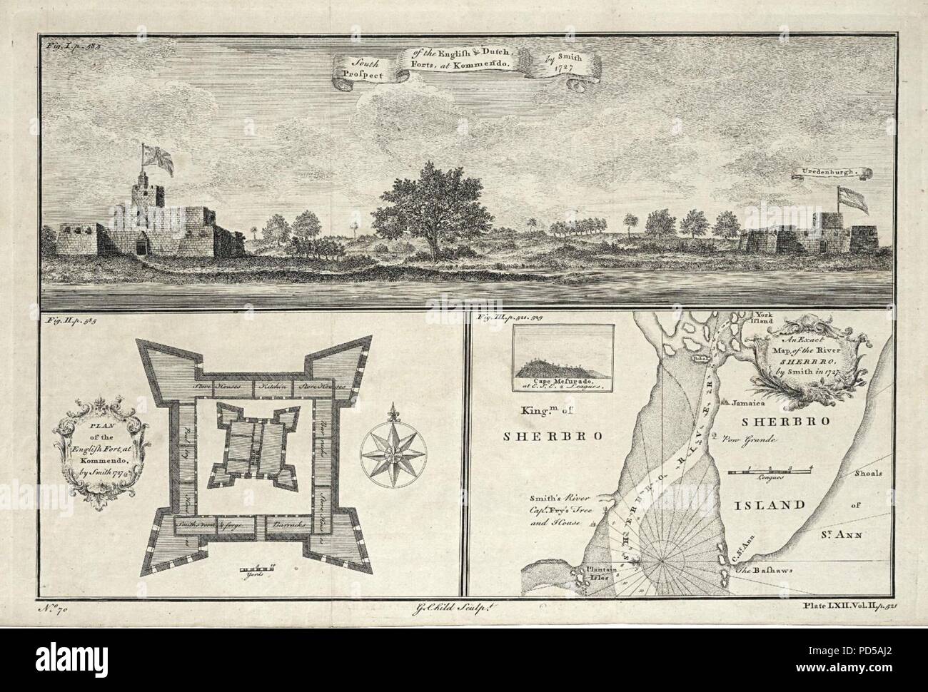 View of the English and Dutch forts at Kommendo, a plan of the English ...