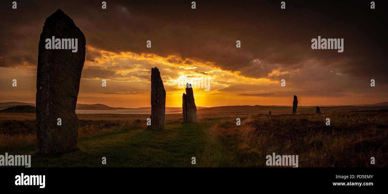 A panoramic photograph of the Ring of Brodgar at sunset, an iconic ...