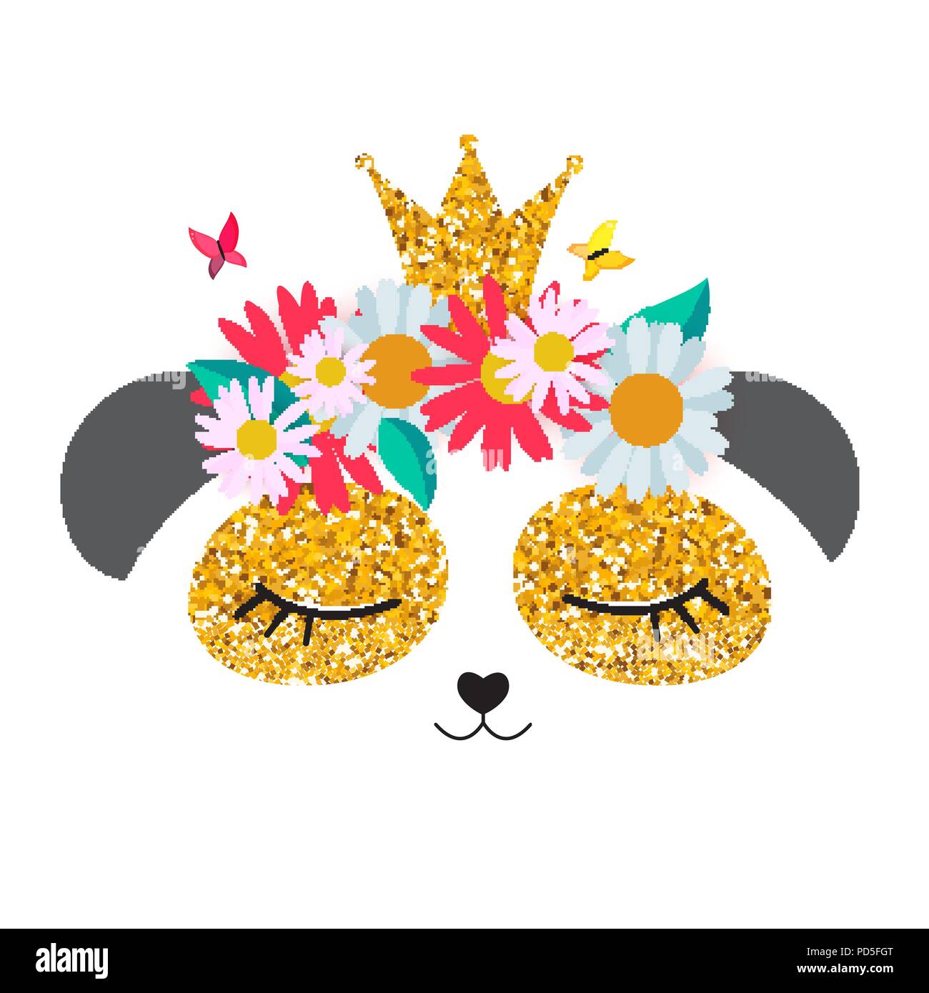 Little cute panda princess with crown and flowers for card and shirt ...