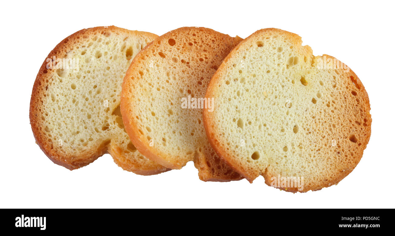 three crispy crackers isolated on white background, closeup, top view ...