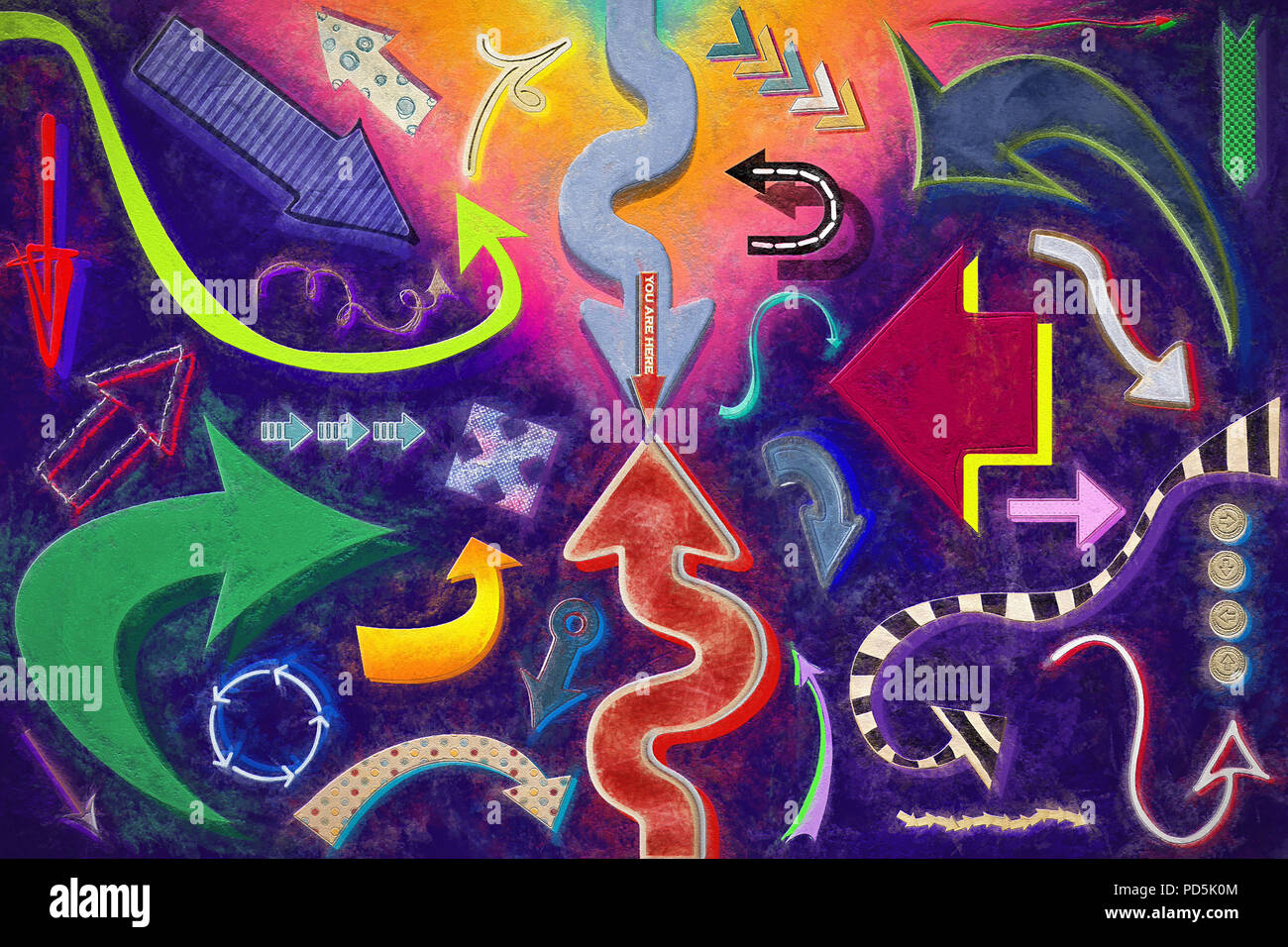 Colorfully designed arrows, in all shapes and sizes, aim in all ...