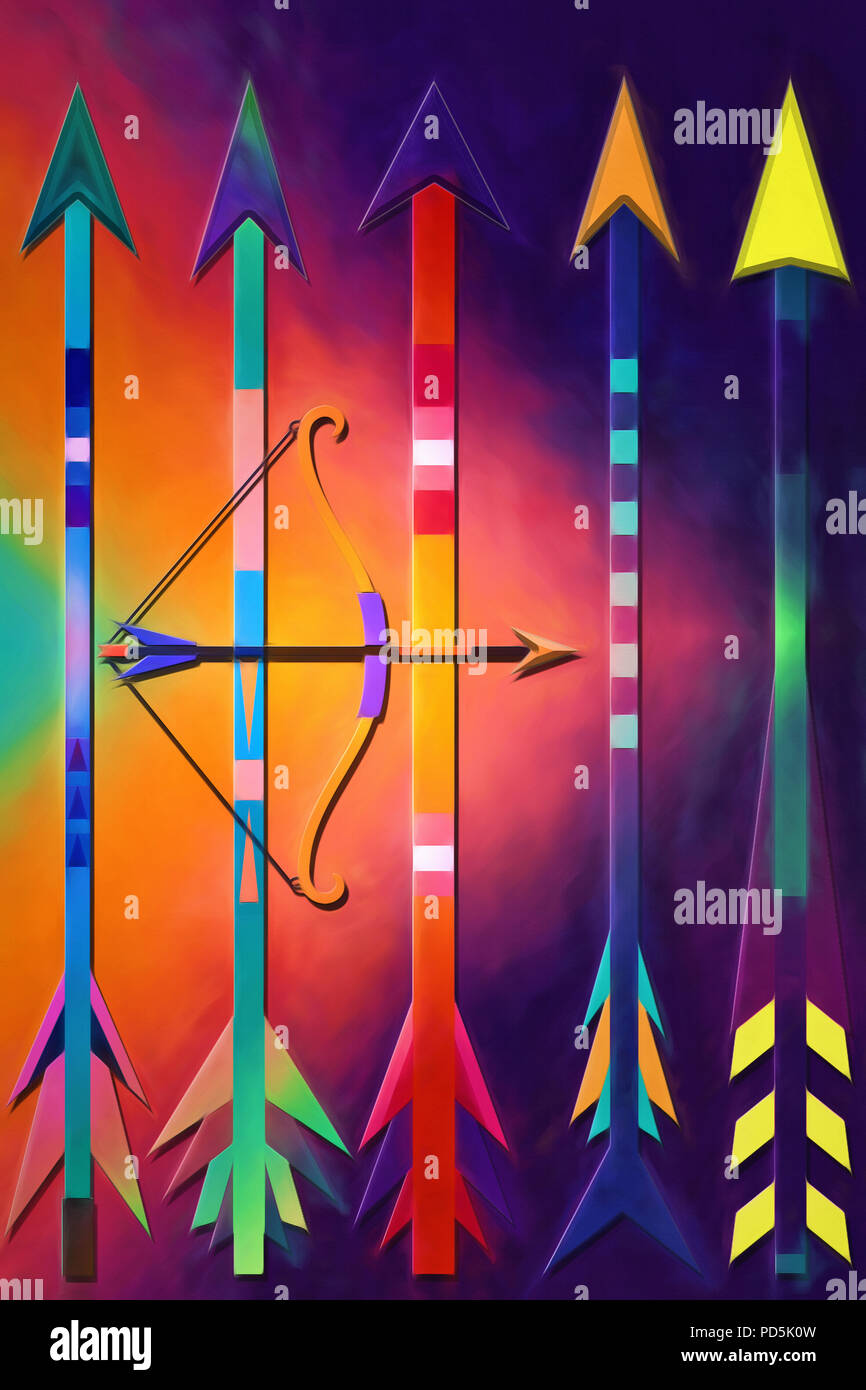Colorfully designed arrows aim upward and a drawn bow is pulled and ...