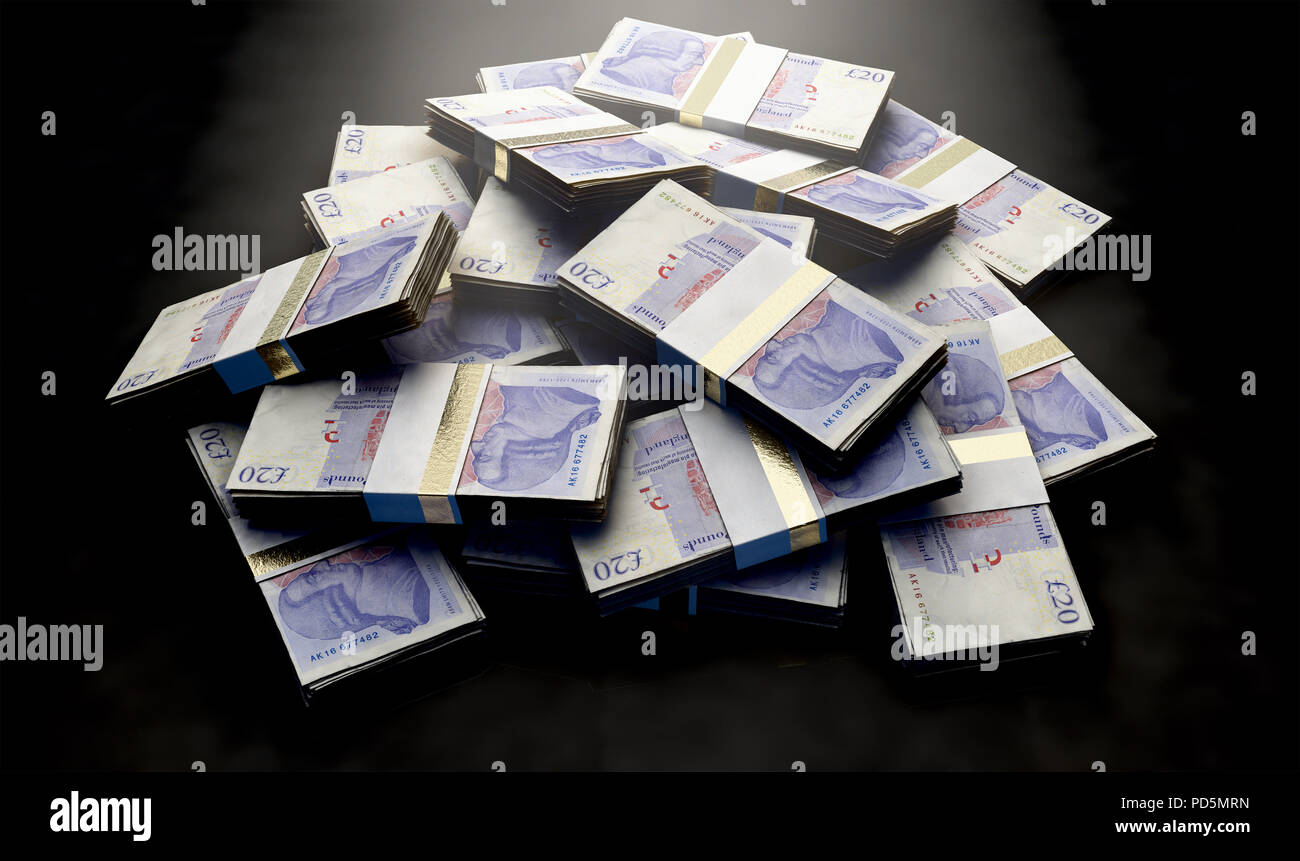 A pile of randomly scattered bundles of pound banknotes on an isolated ...
