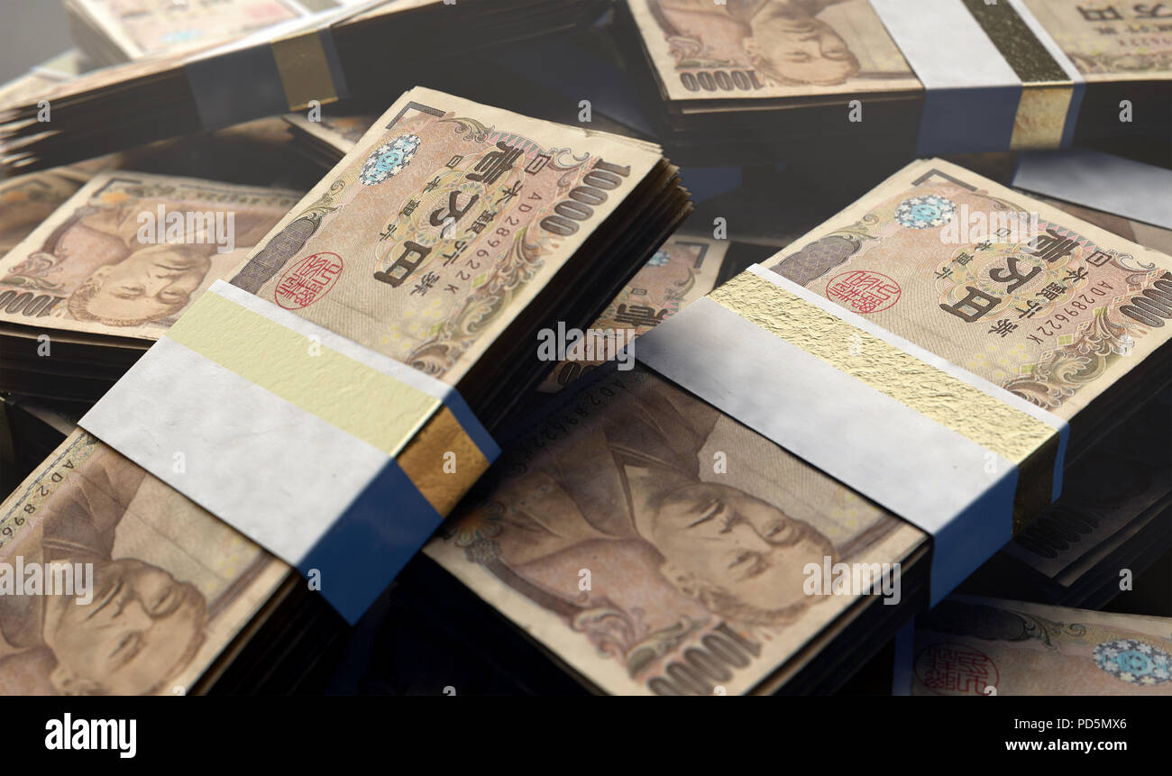 A pile of randomly scattered bundles of japanese yen banknotes on an ...
