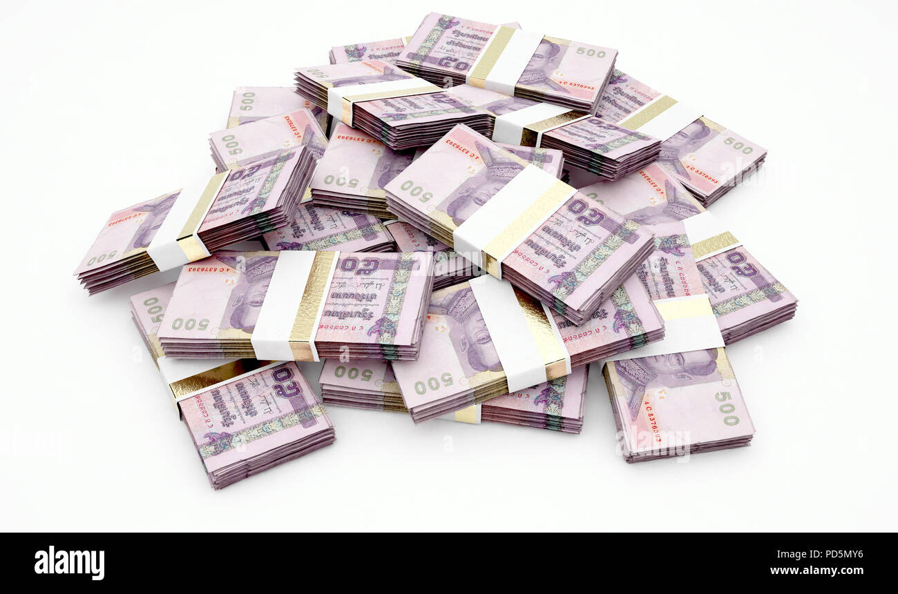 A pile of randomly scattered bundles of banknotes on an isolated ...