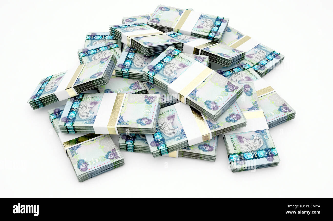 A pile of randomly scattered bundles of banknotes on an isolated ...