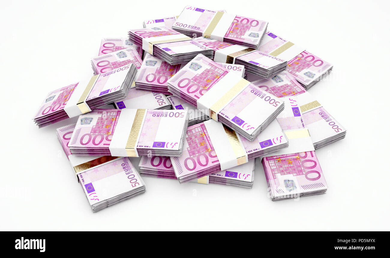 A pile of randomly scattered bundles of banknotes on an isolated ...