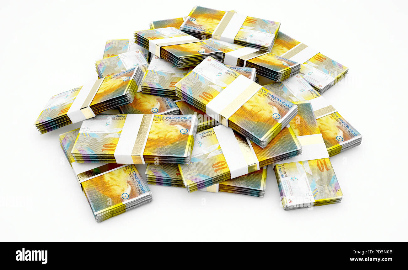 A pile of randomly scattered bundles of banknotes on an isolated ...