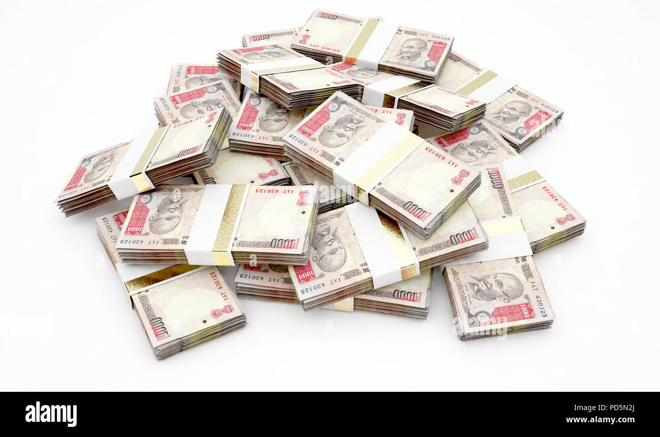 A pile of randomly scattered bundles of banknotes on an isolated ...