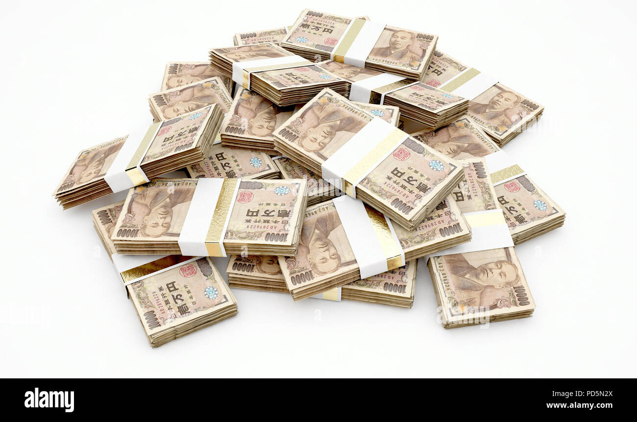 A pile of randomly scattered bundles of banknotes on an isolated ...
