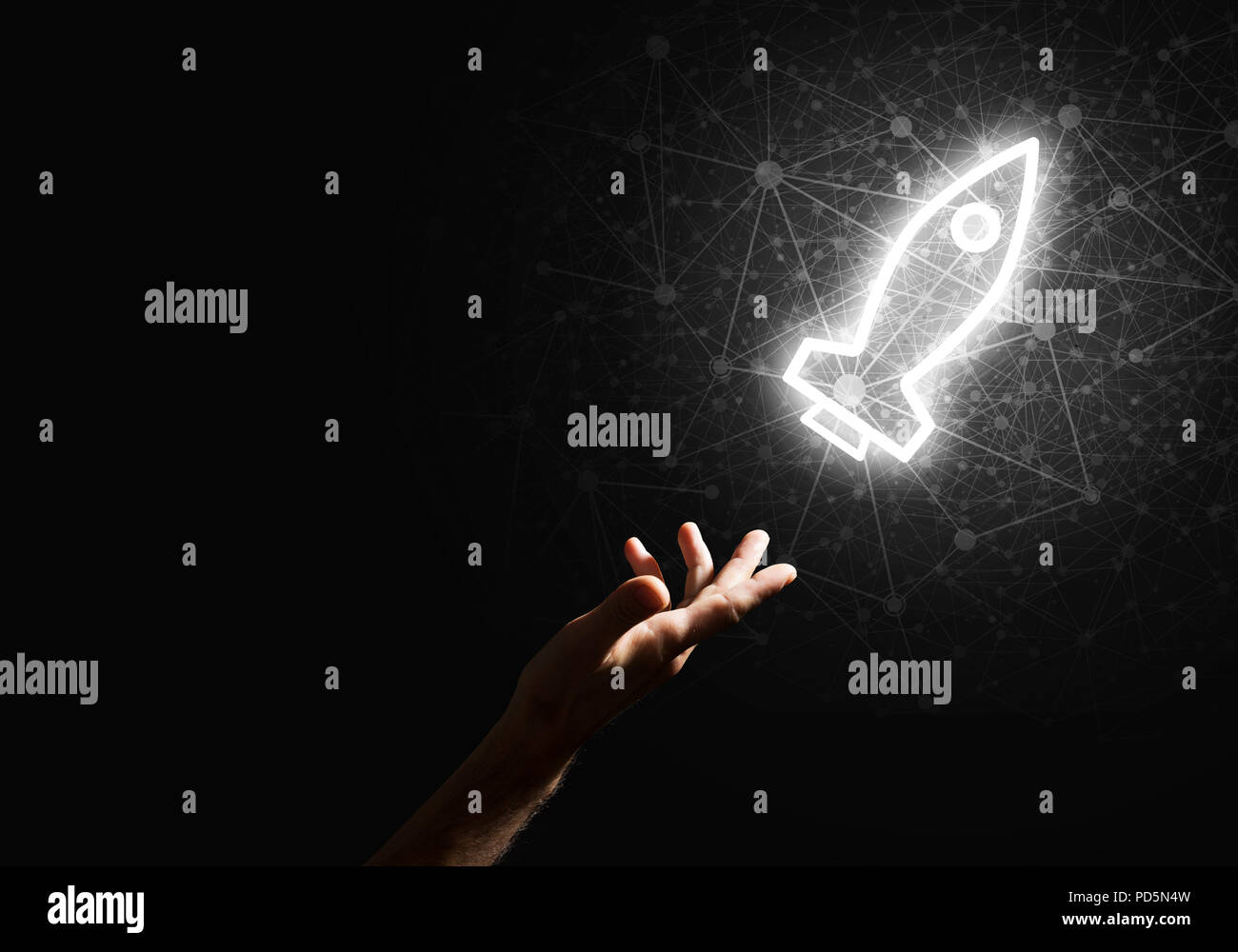 Man palm presenting Rocket web icon as technology concept Stock Photo ...