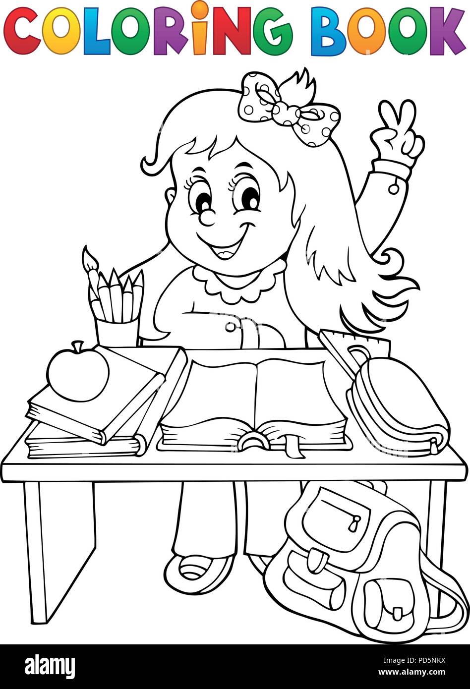 Coloring book girl behind school desk - eps10 vector illustration Stock ...
