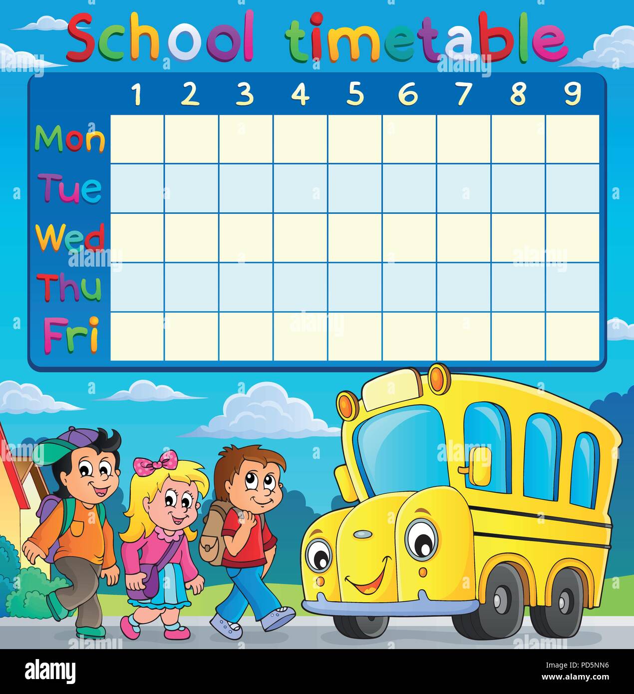 School timetable with children and bus - eps10 vector illustration ...