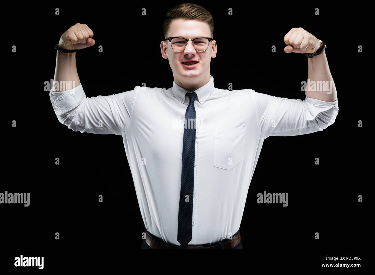 Portrait of confident handsome elegant responsible businessman showing ...