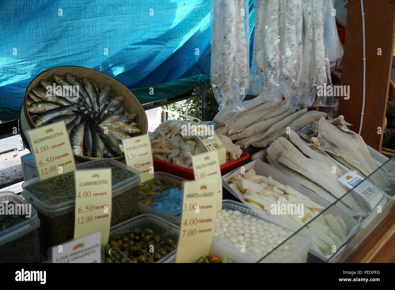 Dried and fresh fish for sale at Sunday market in Sa Pobla, Mallorca ...