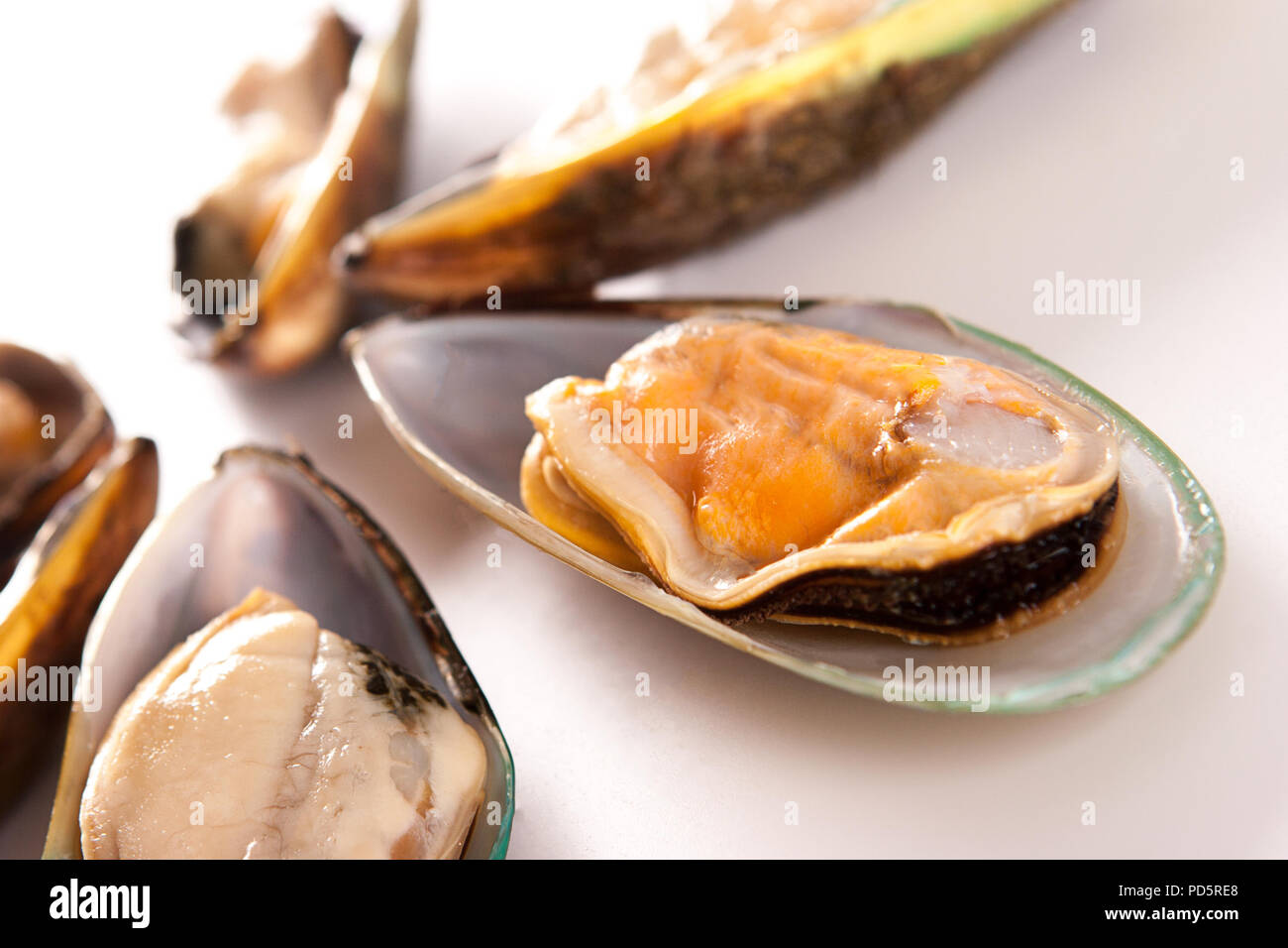Six mussels in a seashell isolated on a white background Stock Photo ...