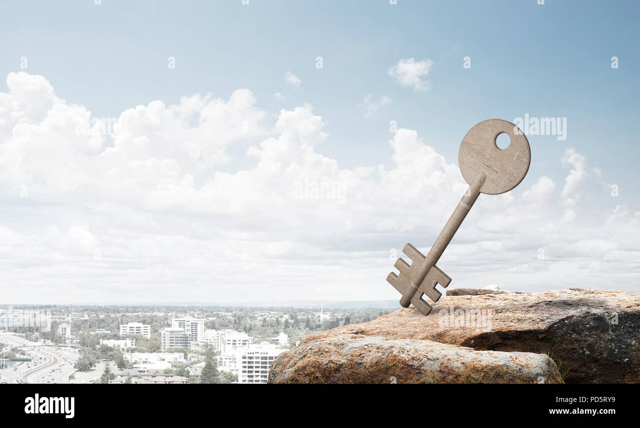 Conceptual background image of concrete key sign and natural landscape ...