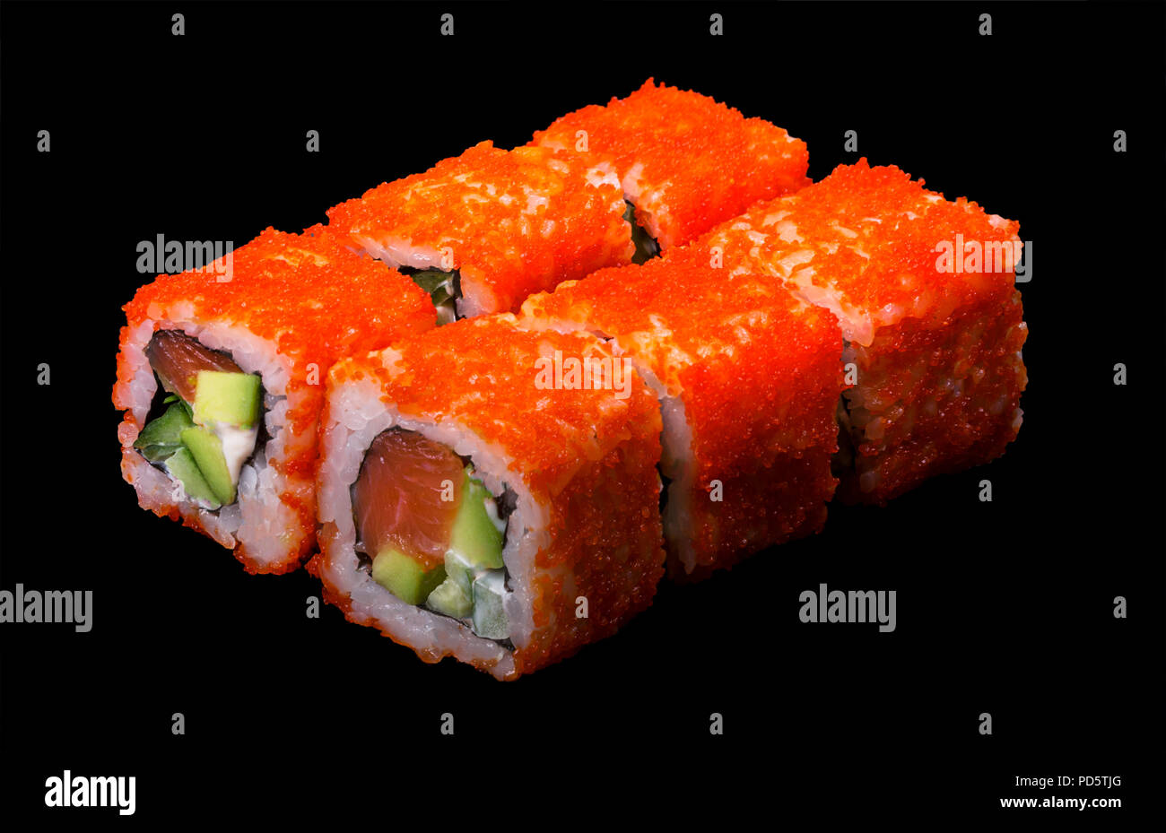 Six rolls with orange tobiko caviar isolated on a black background ...