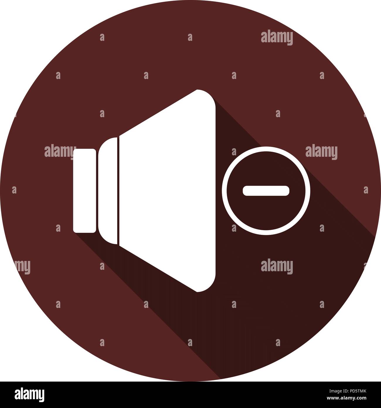 Vector image. Speaker icon with volume down symbol on a dark maroon ...