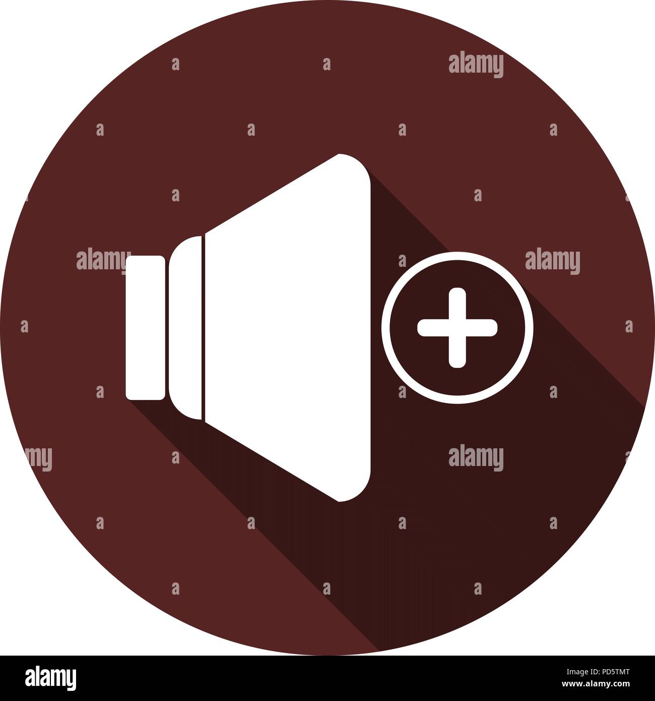 Vector image. Speaker icon with volume up symbol on a dark maroon ...